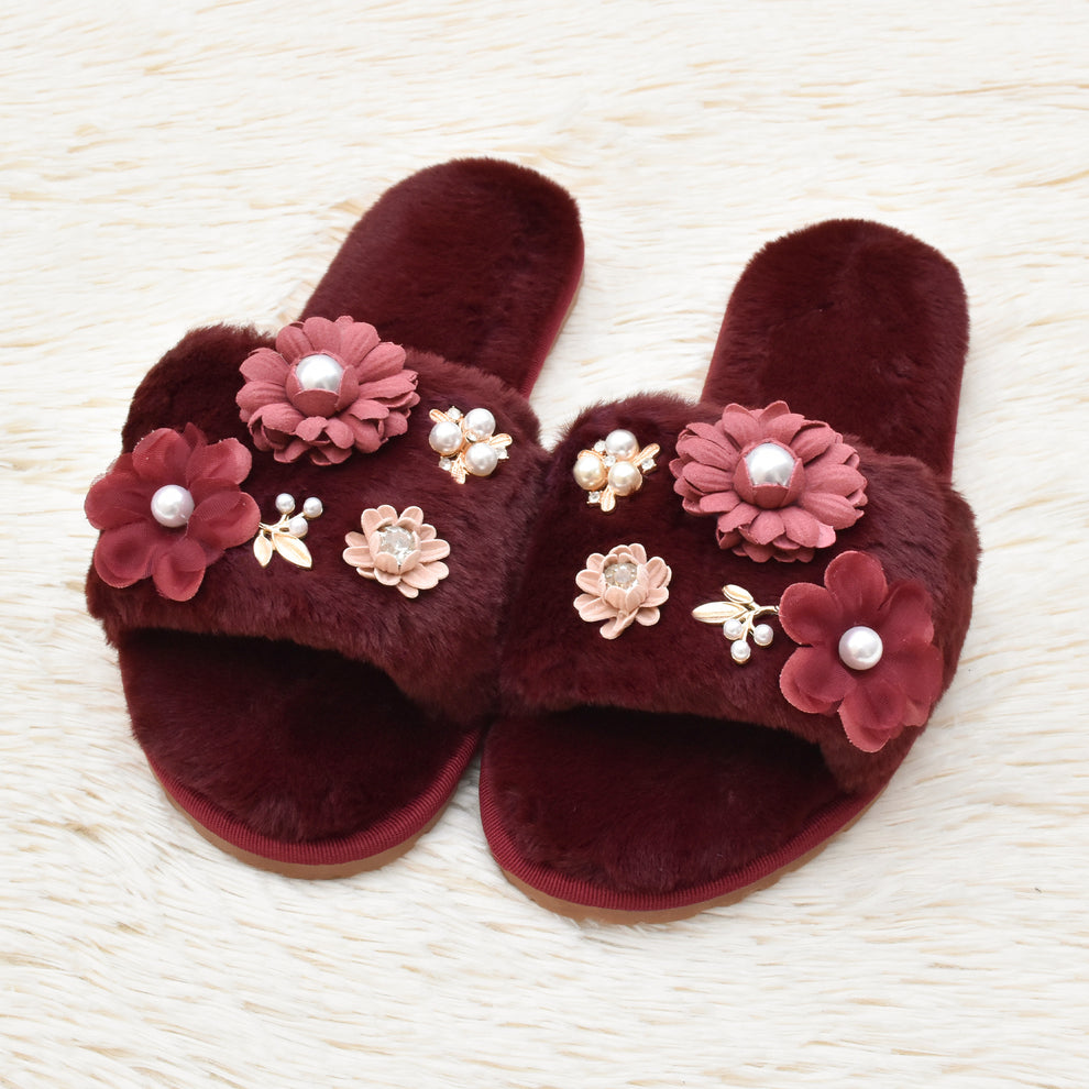 AURORA Maroon Fur Slides – Cozy Floral Winter Footwear | Spyda – Spyda ...