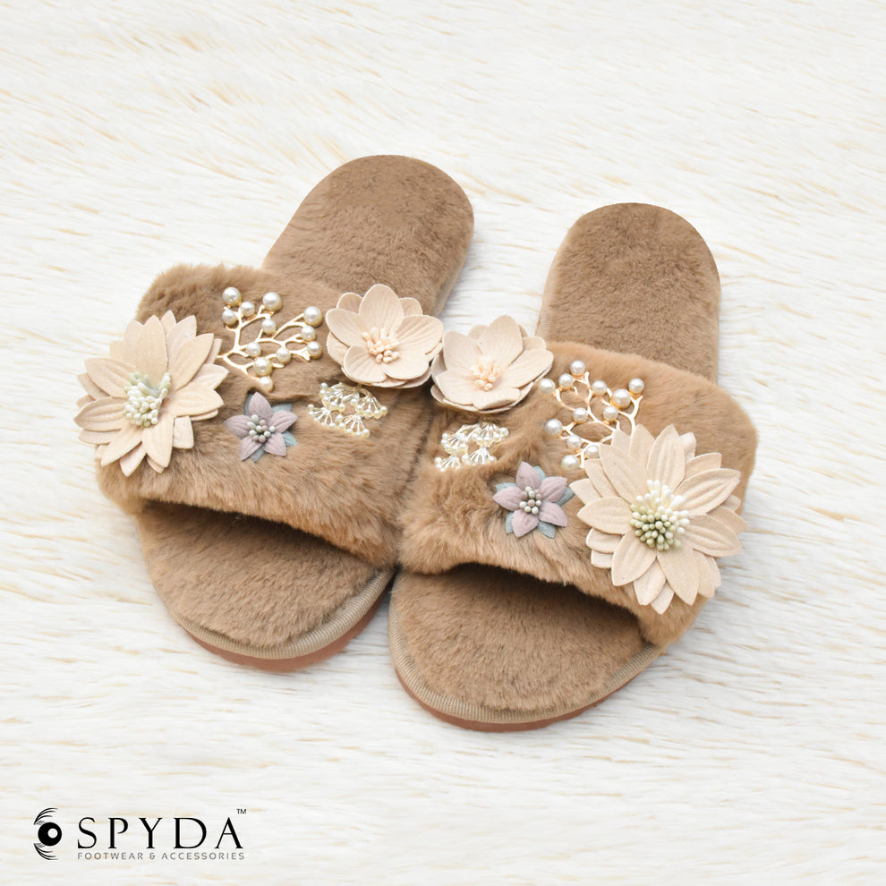THORN Brown Slides – Floral Fur Insole Luxury – Spyda Footwear