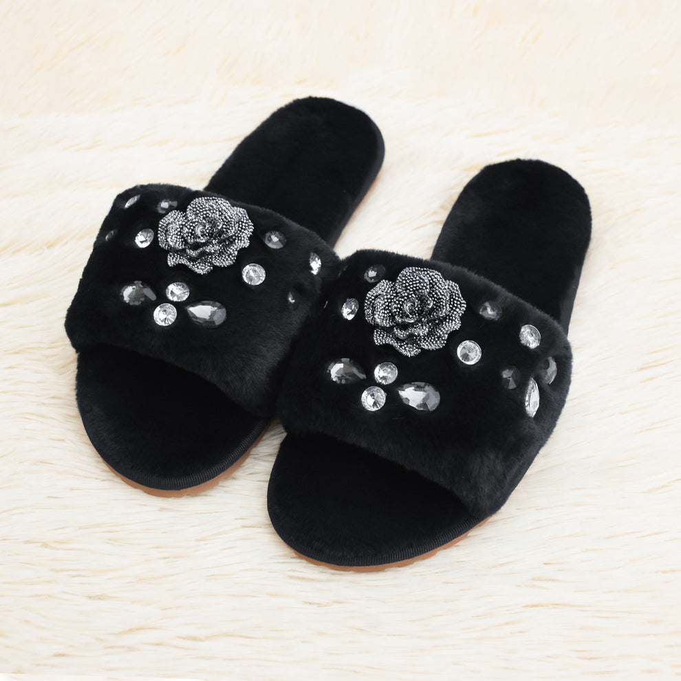 CRYSTALS Black Fur Slides – Best-Selling Sparkling Elegance | Spyda ...