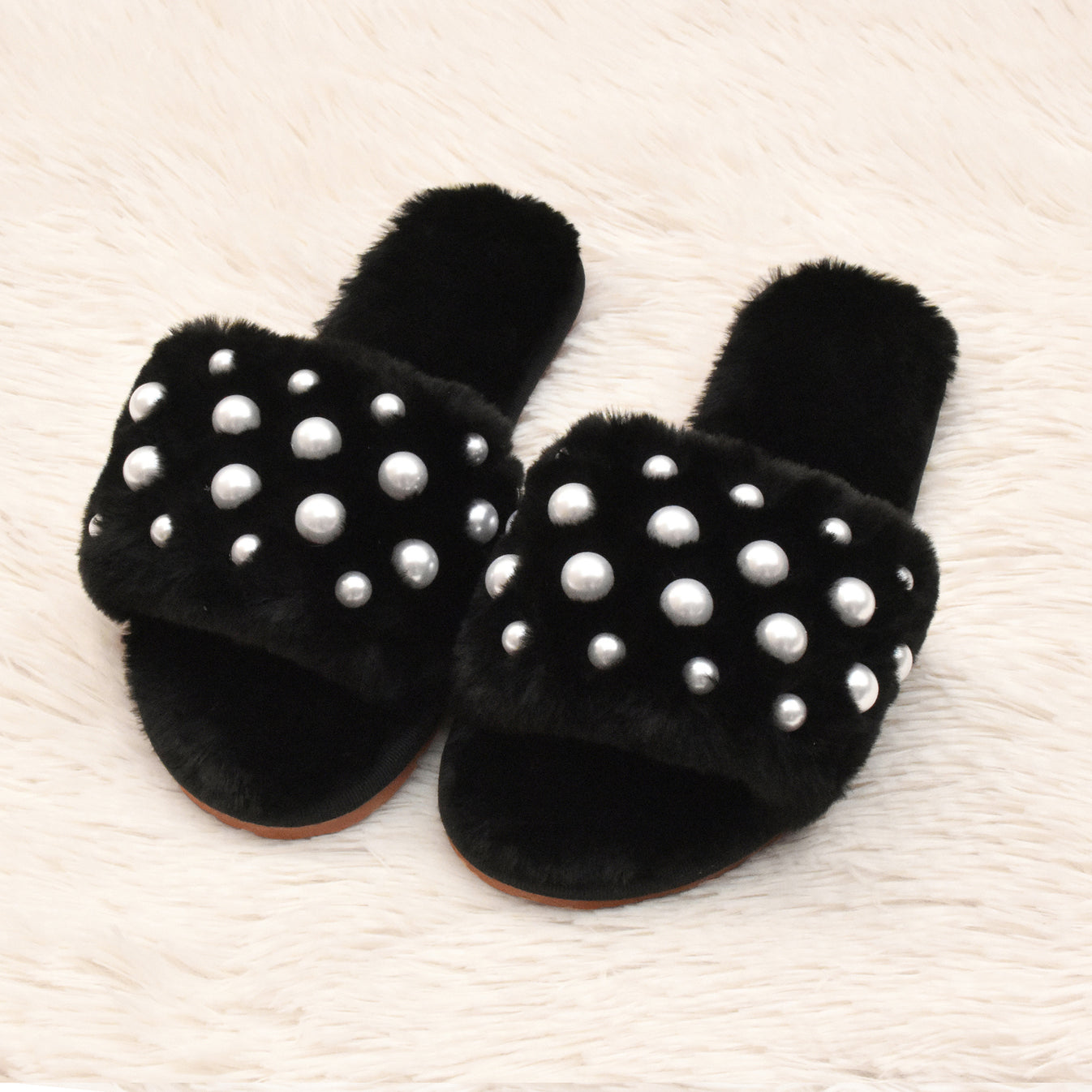 PEARLIES Black Fur Slides – Best-Selling Faux Pearl Elegance | Spyda ...
