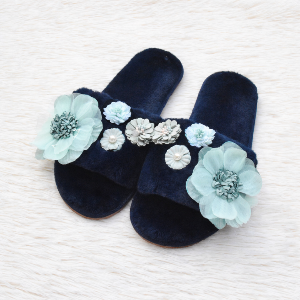 FUCHSIA Blue Slides – Floral Faux Fur, Non-Slip Sole – Spyda Footwear