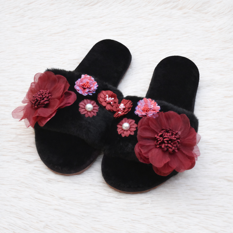 FUCHSIA Black Slides – Floral Faux Fur, Non-Slip Sole – Spyda Footwear