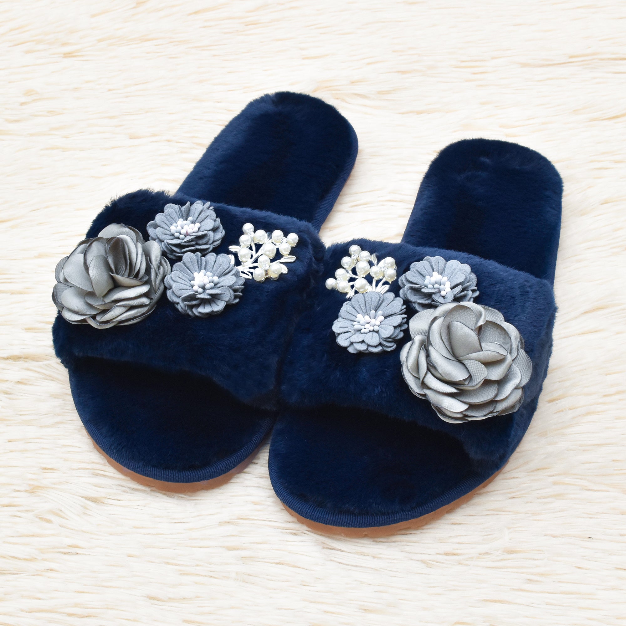 ROSARIA Blue Fur Slides – Cozy Soft Winter Shoes for Women | Spyda ...