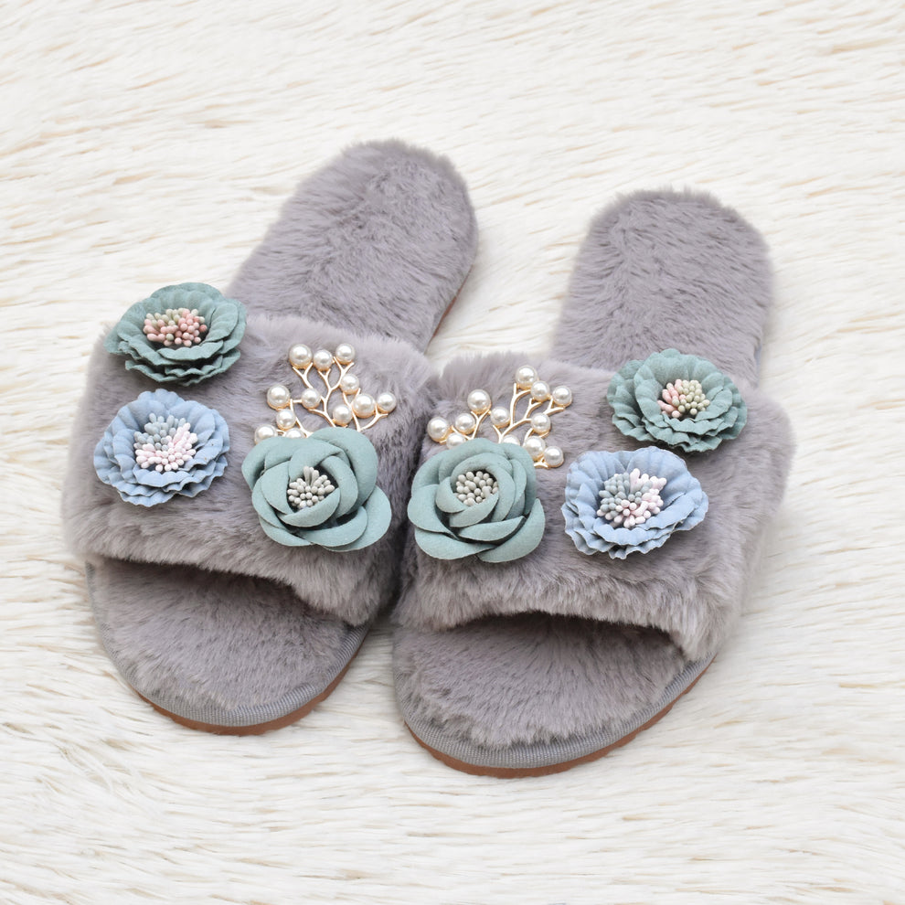 OPAL Grey Fur Slides – Ultra-Soft Fur Slippers for Women | Spyda ...