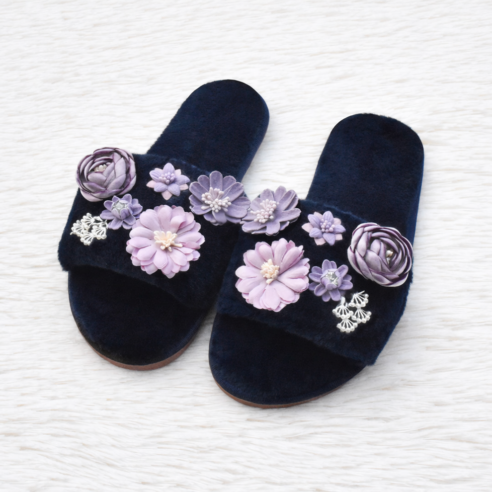 PLUSH Blue Slides – Floral Faux Fur Style by Spyda – Spyda Footwear