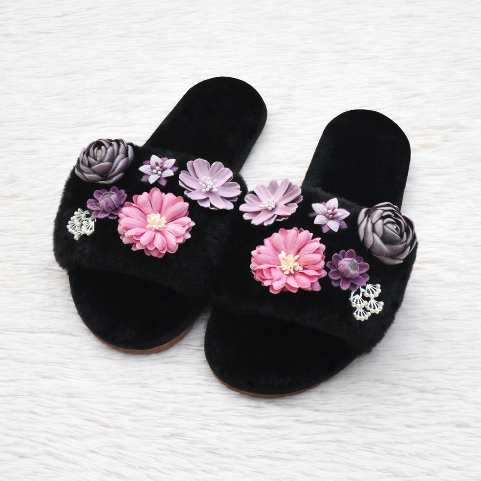 PLUSH Black Slides – Floral Faux Fur Style by Spyda – Spyda Footwear