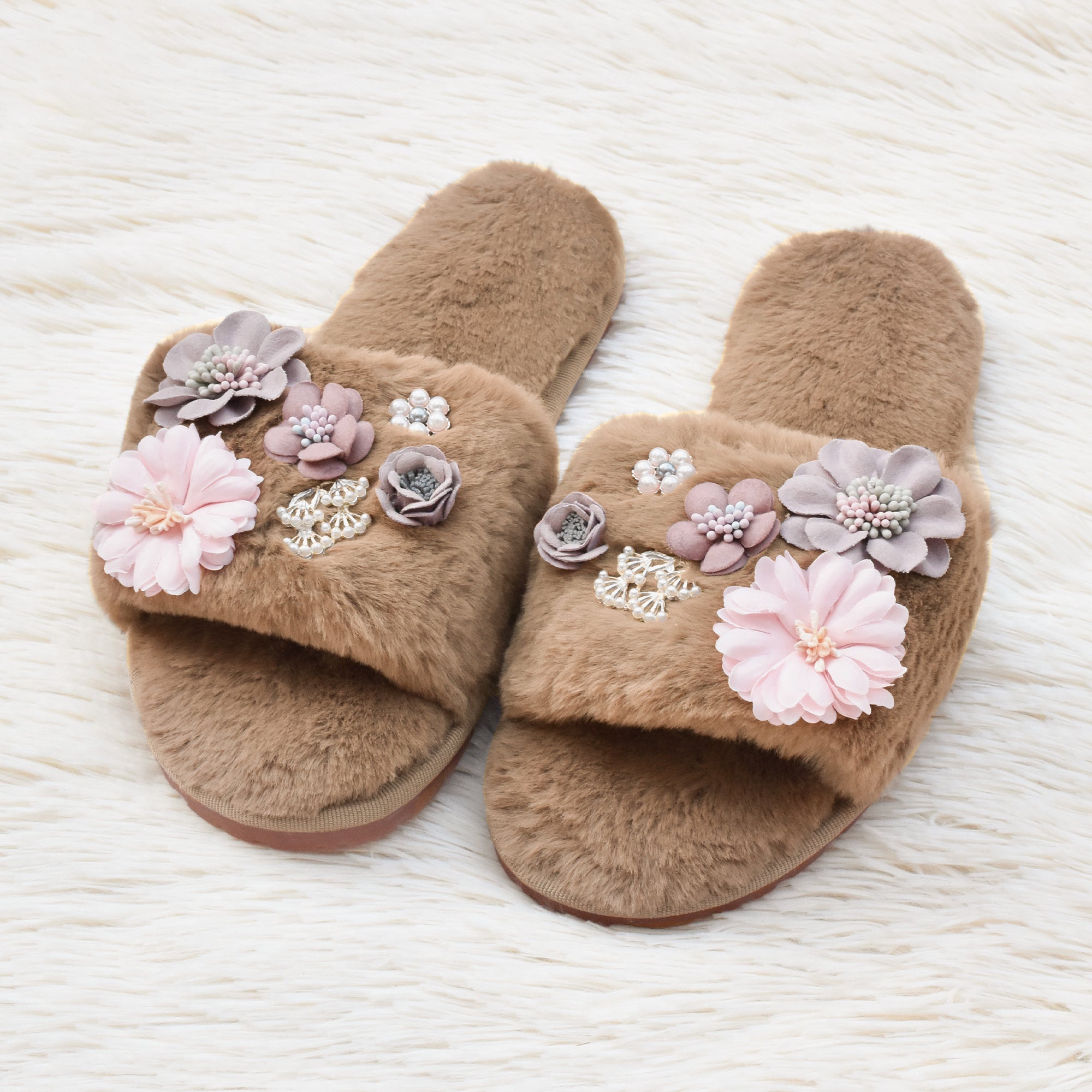 EMPRESS Brown Fur Slides – Cozy Floral Winter Shoes for Women | Spyda ...