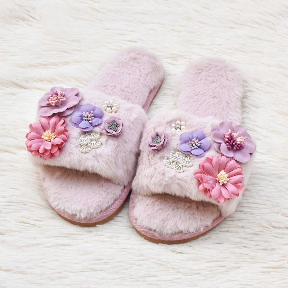EMPRESS Pink Fur Slides – Cozy Floral Winter Shoes for Women | Spyda ...