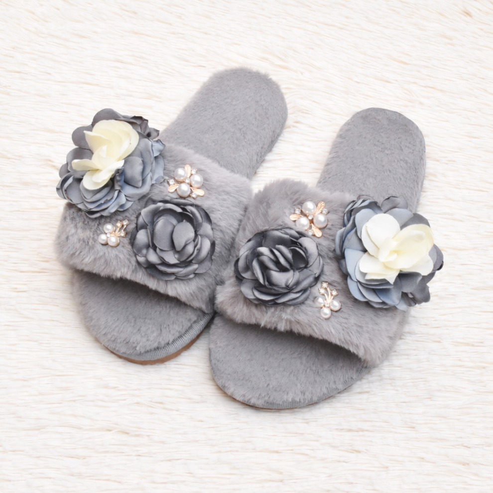SILK Grey Slides – Faux Fur Comfort with Non-Slip Sole – Spyda Footwear