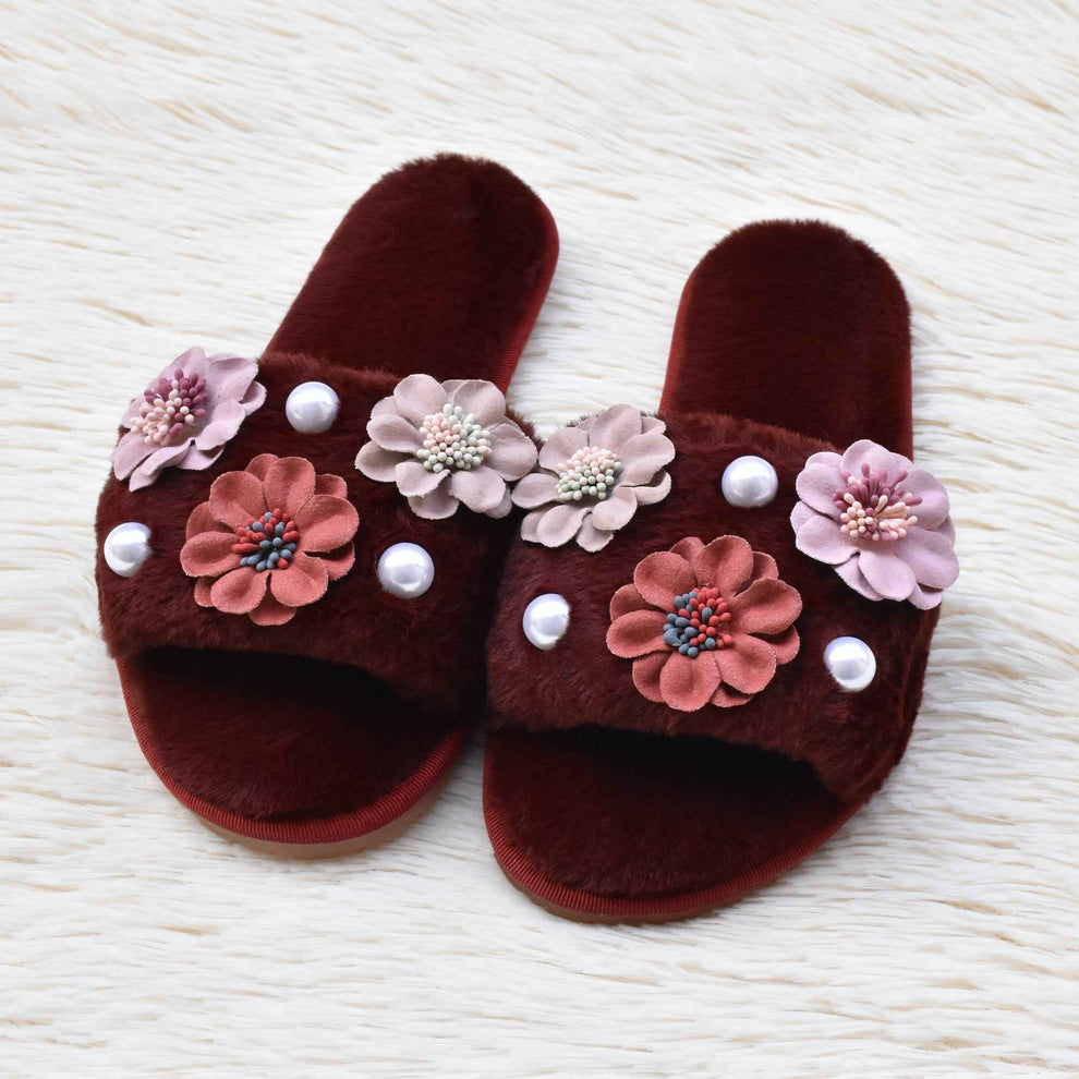VERONA Maroon Fur Slides — Luxury Floral Pearl Slippers | Spyda – Spyda ...